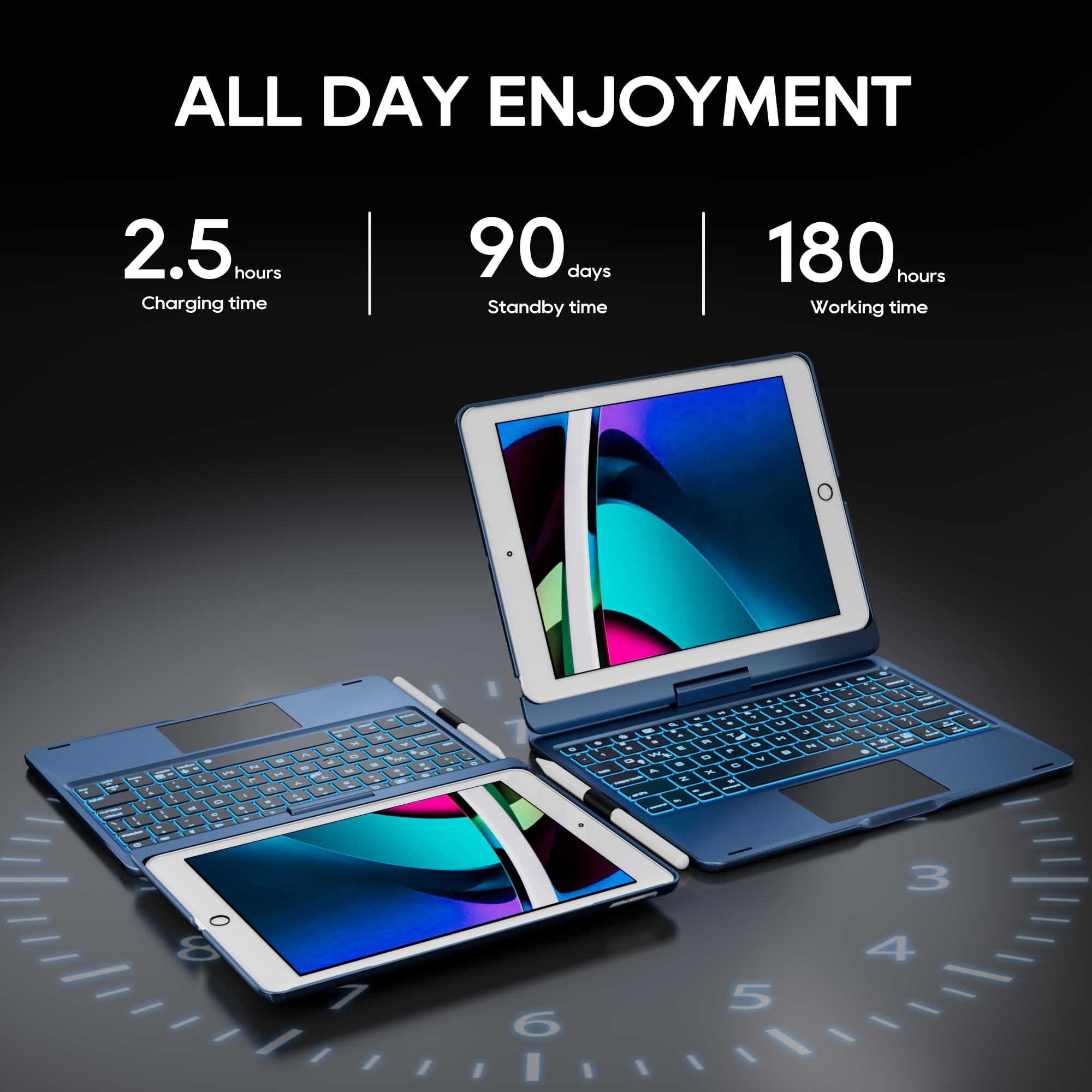 edaiser Swivel Keyboard Case for iPad 10.2 inch 9th 8th 7th, iPad Air 3rd and iPad Pro 10.5 2nd Generation: Wireless Rotatable Cover, Pencil Holder, Smart Trackpad, RGB Backlit, Metallic Blue
