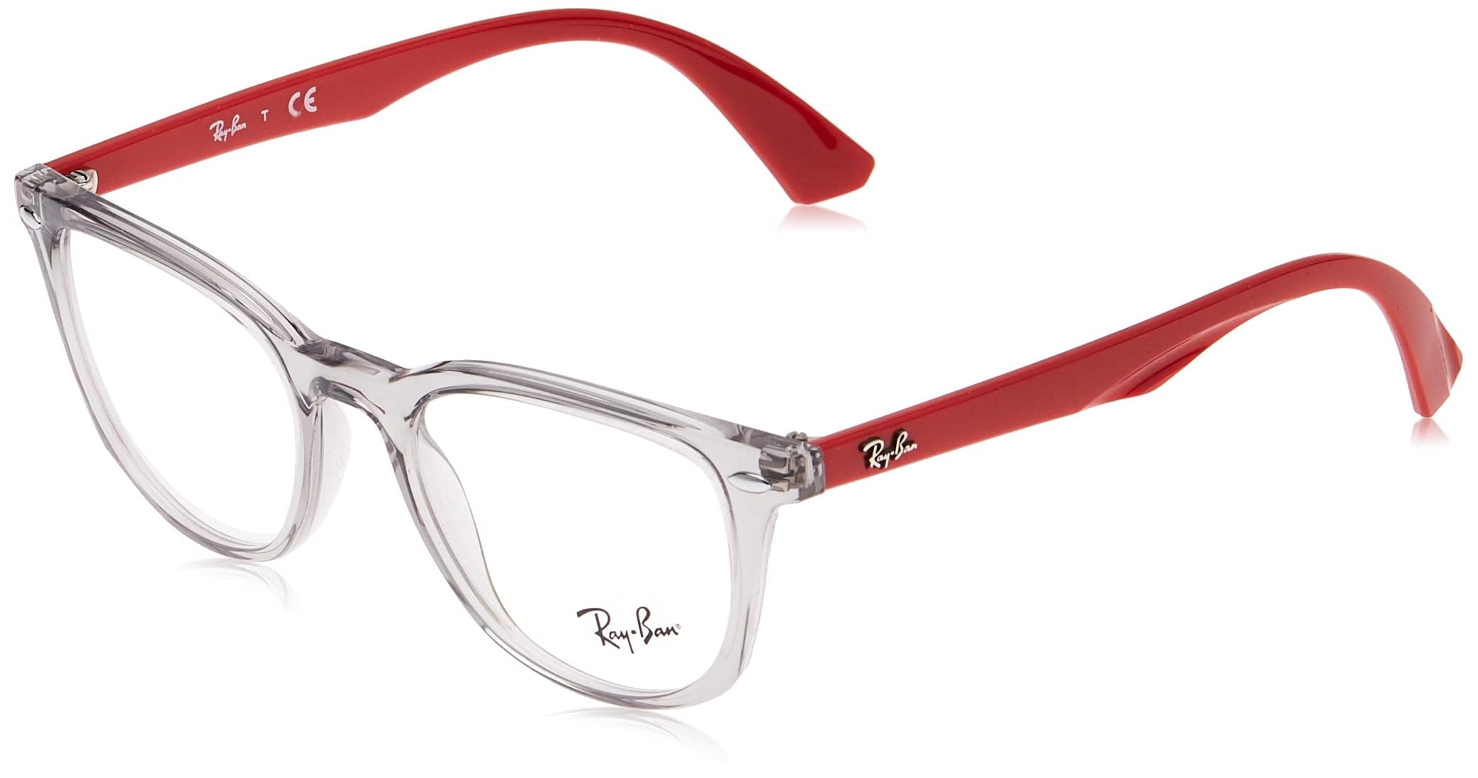 Ray-Ban Junior Kids' RY1601 Square Prescription Eyeglass Frames, Transparent Grey on Red/Demo Lens, 48 mm