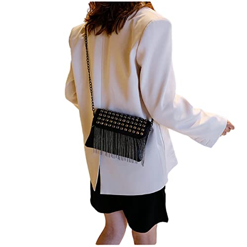 WIGUYUN Faux Leather Fringed Shoulder Handbag Rivets Flap Cross-body Bag Chain Hobo Purse Black