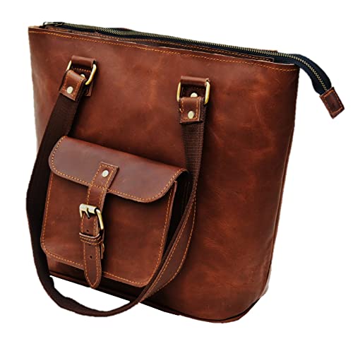 Satchel And Fable Women’s Tote Leather Handmade Genuine Shoulder Large Vintage Handbag (15.5” (L) x 12” (H) x 5.5” (W), Brown)