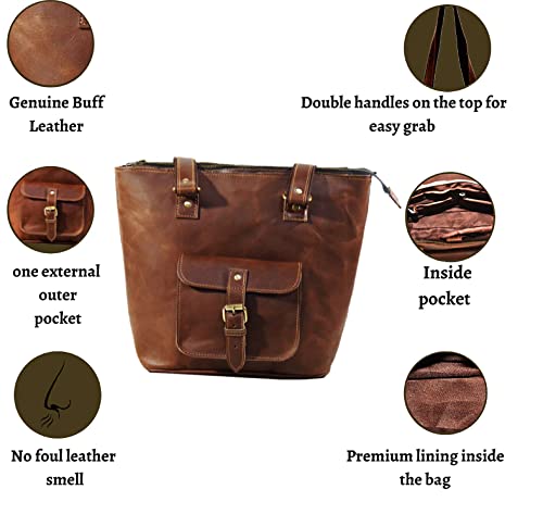 Satchel And Fable Women’s Tote Leather Handmade Genuine Shoulder Large Vintage Handbag (15.5” (L) x 12” (H) x 5.5” (W), Brown)