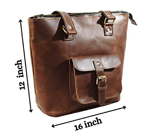 Satchel And Fable Women’s Tote Leather Handmade Genuine Shoulder Large Vintage Handbag (15.5” (L) x 12” (H) x 5.5” (W), Brown)