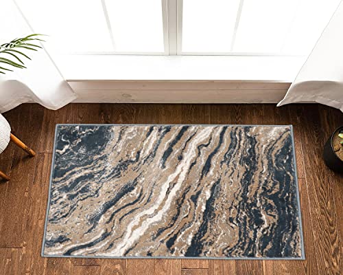 Radiant Homes And Rugs Luxury Waves Blue Modern Abstract Easy-Cleaning Living Room Bedroom Entryway Dining Home Office Area Rug 2' x 3', Blue/Silver