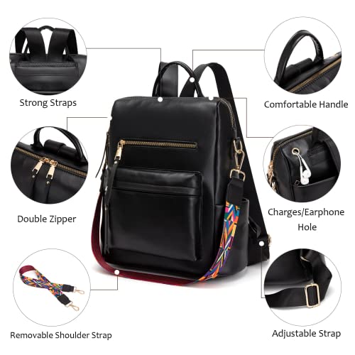 PINCNEL Backpack Purse for Women PU Leather Backpack Travel Bag Ladies Shoulder Bag Fashion Satchel, with Wallet(Black)