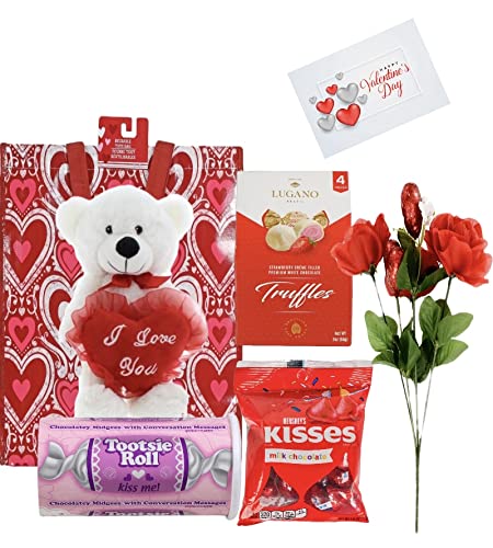 Valentines Day Gift Basket | 10 Inches Teddy Bear Plush |Tootsie Roll Kiss Me Banks | Hershey's Milk Chocolate Kisses | Lugano Strawberry Creme Filled White Chocolate Truffles | Artificial Red Rose Bouquets with Sparkly Hearts | V- Gift Bag and Card inclu