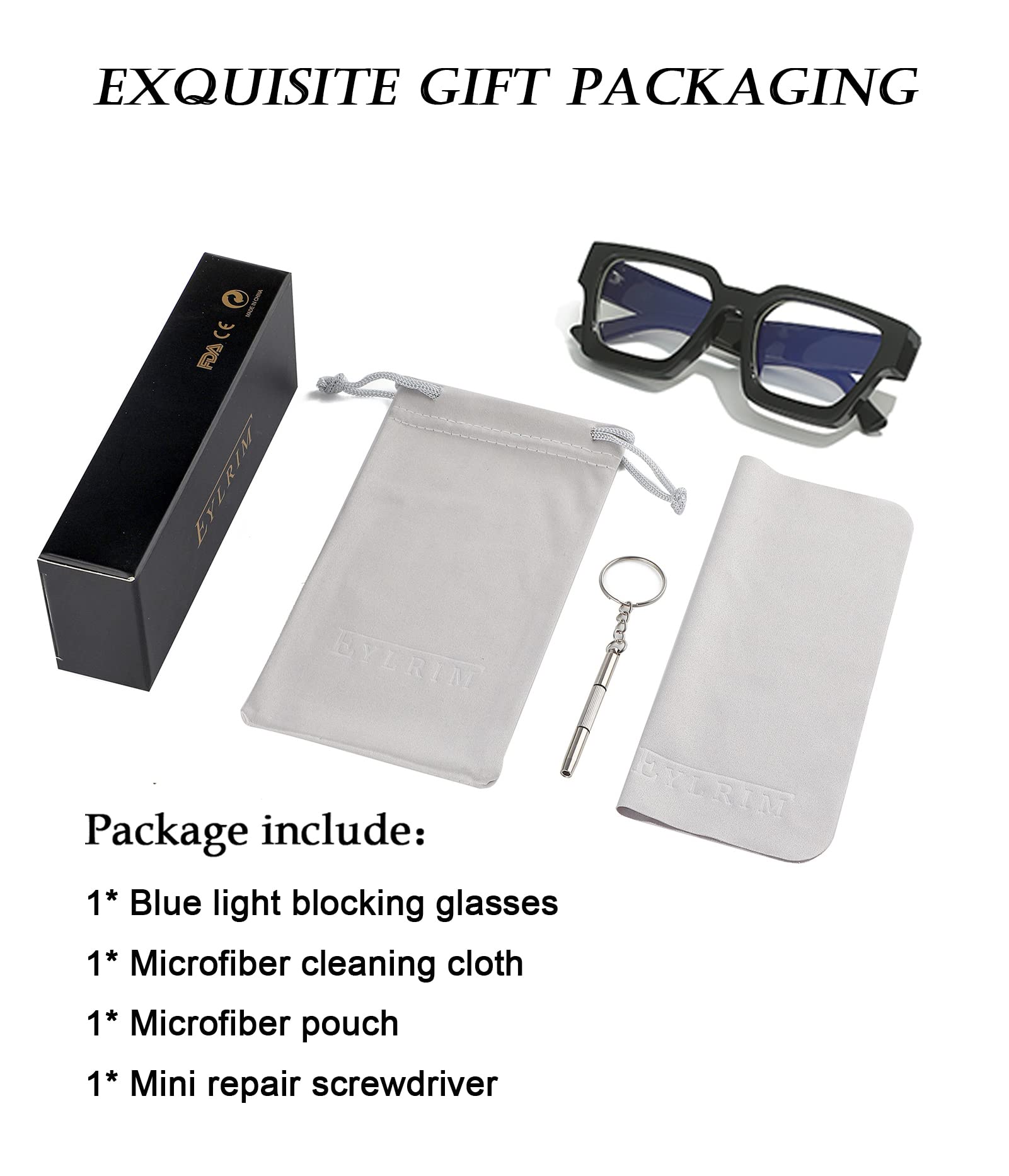 EYLRIM Thick Square Frame Blue Light Glasses for Women Men Non Prescription Computer Eyeglasses(01 Black)