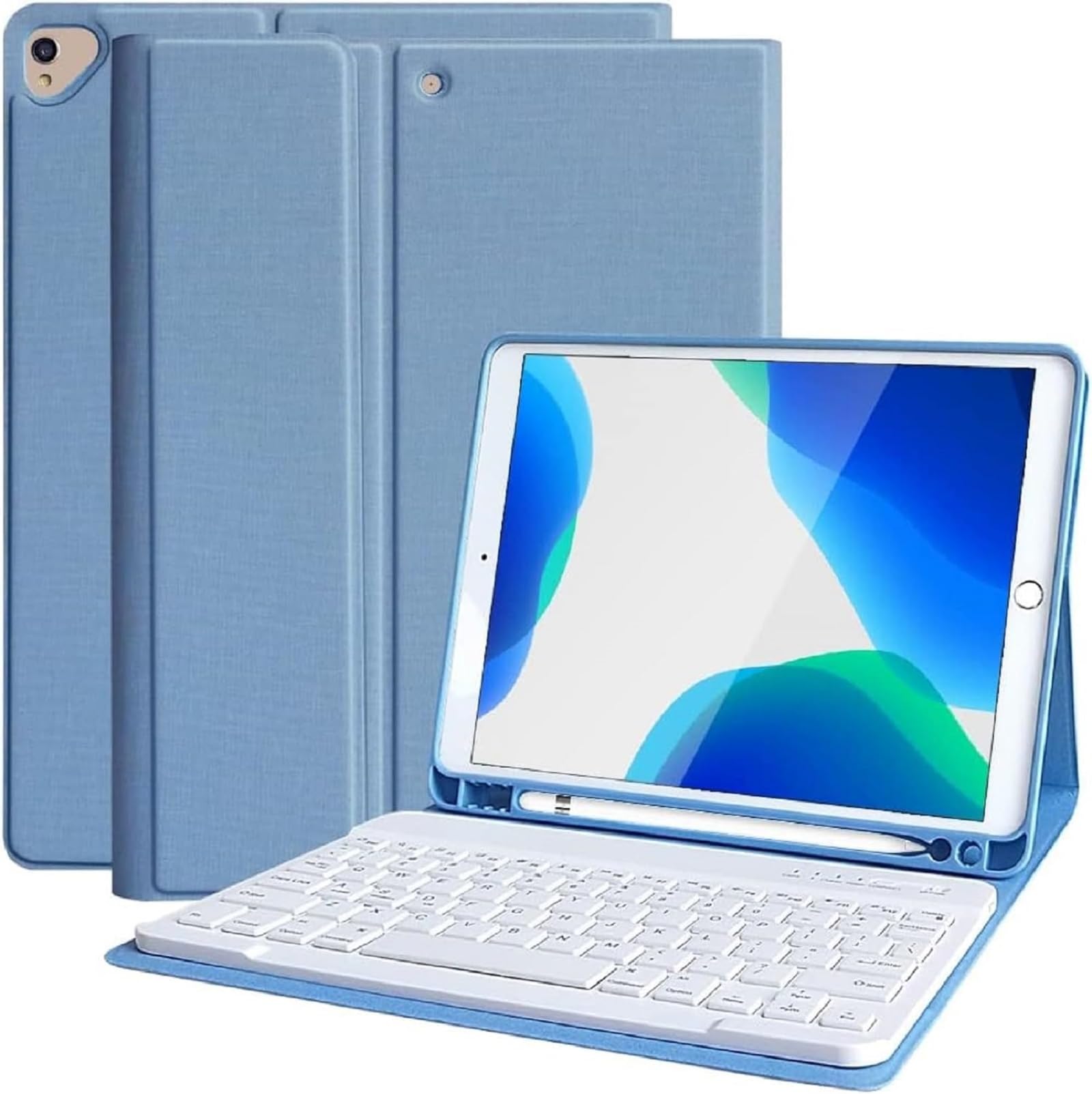 KBCASE Keyboard Case for iPad 9th/8th/7th Generation 2021/2020/2019, Compatible with iPad Air 3/Pro 10.5, Detachable Bluetooth Keyboard Case with Pencil Holder (Sky Blue)