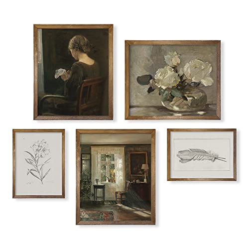 Vintage Farmhouse Wall Decor - Flower Portrait Neutral Wall Art for Boho French Country Kitchen, Bathroom, Bedroom Picture Poster Print, Beige Room Decor Aesthetic Botanical Cottagecore 5 Set Unframed