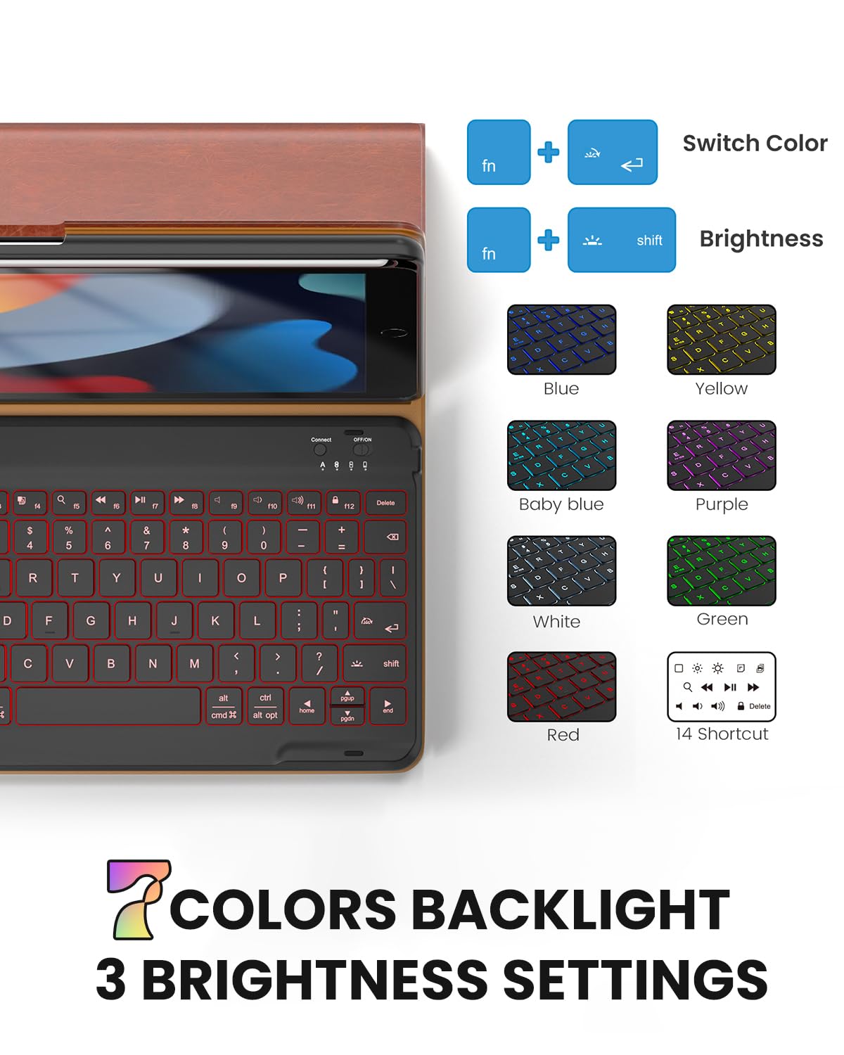 OPAKIT Leather Keyboard Case for iPad 9th/8th/7th Generation 10.2 inch, iPad Pro 10.5-inch Air 3rd Case with Pencil Holder, 7 Color Backlight BT Keyboard (2021/2020/2019/2017), Brown