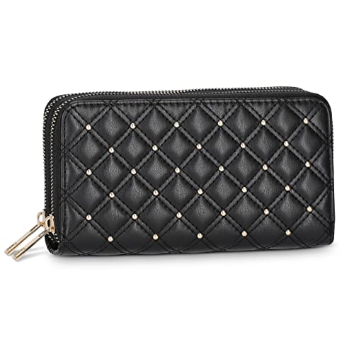 Quilted Wristlet - Double Zipper Stud Wallets for Women - Large Capacity Purse Organizer Clutch (Black)