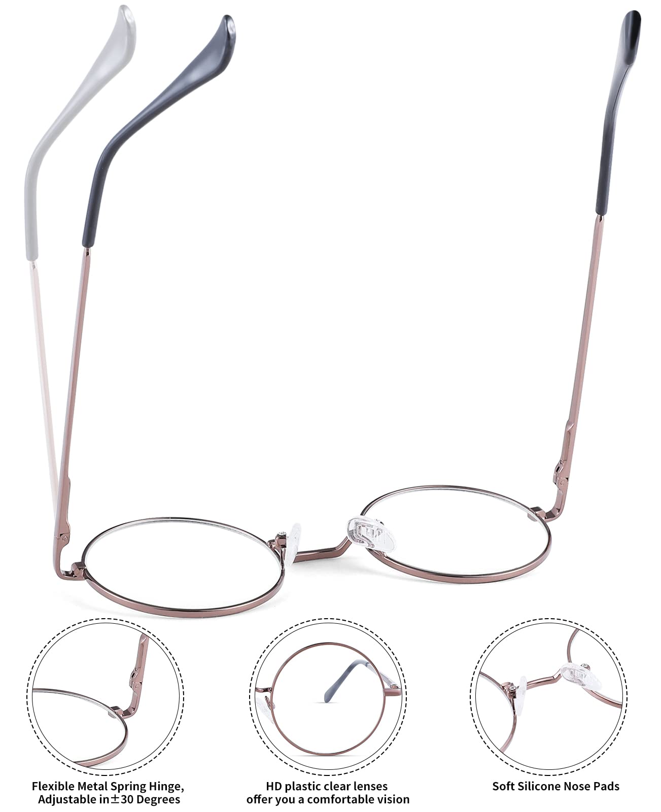 Bouryo Small Round Clear Lens Glasses for Men Women Non Prescription Circle Eyeglasses Metal Eyewear Frames