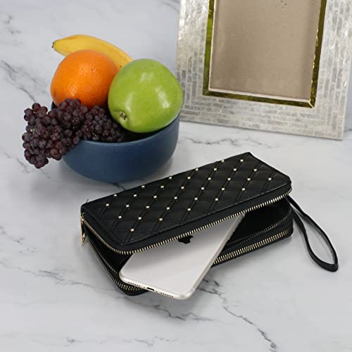 Quilted Wristlet - Double Zipper Stud Wallets for Women - Large Capacity Purse Organizer Clutch (Black)