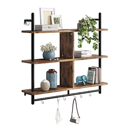 Bestier 41.5" Floating Pipe Shelving 3 Tier Industrial Wall-Mounted Ladder Shelf Hanging with Circular Tube, Wood Display Bookshelf Storage for Living Room Kitchen Balcony, Rustic Brown