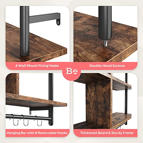 Bestier 41.5" Floating Pipe Shelving 3 Tier Industrial Wall-Mounted Ladder Shelf Hanging with Circular Tube, Wood Display Bookshelf Storage for Living Room Kitchen Balcony, Rustic Brown