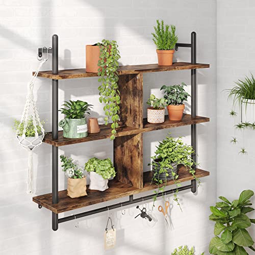 Bestier 41.5" Floating Pipe Shelving 3 Tier Industrial Wall-Mounted Ladder Shelf Hanging with Circular Tube, Wood Display Bookshelf Storage for Living Room Kitchen Balcony, Rustic Brown