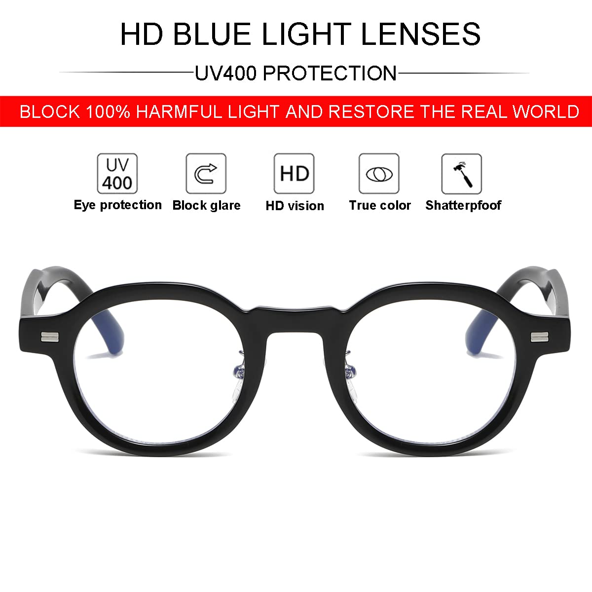 JOVAKIT Trendy Round Blue Light Blocking Glasses for Women Men Retro Vintage Circle Style Non-prescription Computer Glasses (Black)