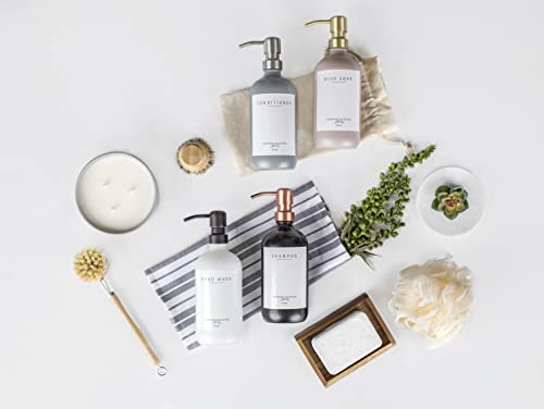 Emerson Essentials Glass Soap Dispenser Set, 2 Pack, Hand Soap Dispenser for Bathrooms and Dish Soap for Kitchen Sink with Pumps, Lotion 16oz Bottles with 5 Waterproof Labels (Clear/Oil Rubbed Bronze)