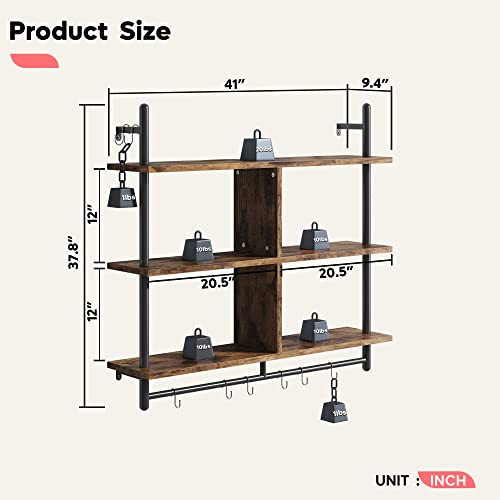 Bestier 41.5" Floating Pipe Shelving 3 Tier Industrial Wall-Mounted Ladder Shelf Hanging with Circular Tube, Wood Display Bookshelf Storage for Living Room Kitchen Balcony, Rustic Brown