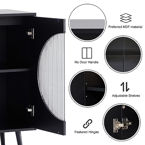 Modern Glass Sideboard Buffet Cabinet set of 2, Accent Cabinet Freestanding Kitchen Storage Cabinet Console Table with Adjustable Shelves and Pop-up Doors for Living Room, Kitchen, Hallway (Black)