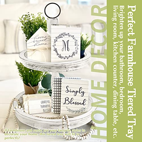 Farmhouse Tiered Tray 2 Tier Tray with Metal Handle, Wooden Tray Tiered Serving Tray for Cake, Fruit, Dessert, White Tray Decorative Tray for Living Room Kitchen Coffee Table Dining Table Centerpiece