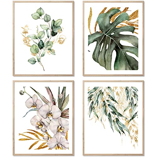 YIXIHOMPT Botanical Boho Wall Art Plant Leaves Watercolor Canvas Prints Poster for Bathroom Bedroom Living Room Office Decor Gold and Green Floral Leave Picture 8x10 inch Unframed Set of 4