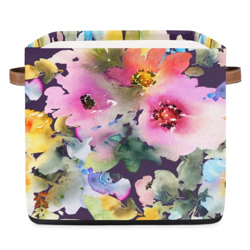 Flower Floral Fabric Storage Cubes Watercolor Collapsible Storage Bins, Storage Boxes for Organizing Storage Baskets with Handles for Shelves, Closet, Toy, Nursery (13x13x13 Inch)