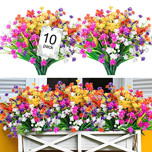 Quathech Artificial Flowers for Outdoors - 10PCS Plastic UV Resistant Faux Flowers Decoration Greenery Garden Shrubs，Bulk Fake Flowers in Vase (Colorful 10pcs)…