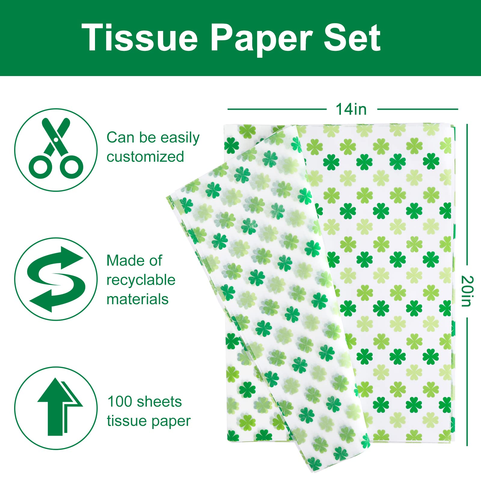Whaline 100 Sheets St Patrick's Day Tissue Paper Clover Green White Gift Wrapping Paper Shamrock Pattern Decorative Art Paper for DIY Craft Birthday Holiday Decoration, 14 x 20 Inch