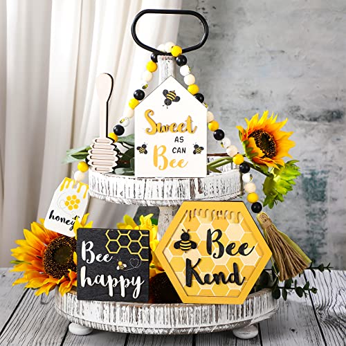 5 Pieces Bee Wooden Tiered Tray Decor Set, Bee Kind Sign Sweet as Can Bee Wood Block Decor Bee Wood Bead Garland 3D Raised Letter Bee Kitchen Decor for Spring Home Farmhouse Rustic Decorations