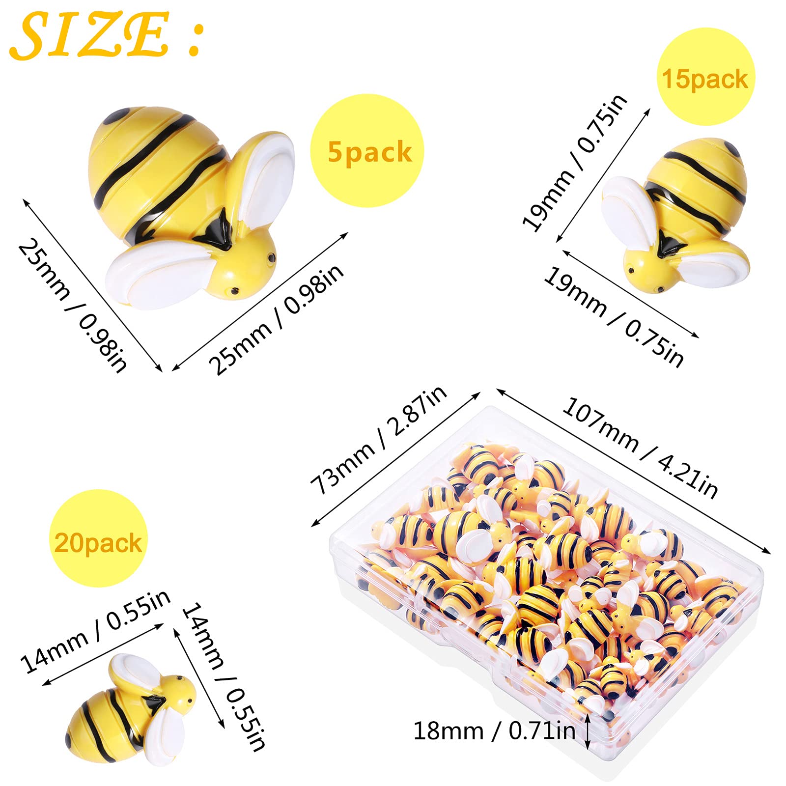 MIKIMIQI 40 Pcs Tiny Resin Bees Decor Bumble Bee Embellishment Resin Bees Craft Decorations with Storage Box for DIY Craft Wreath Scrapbooking Party Home Decor, 0.98 in, 0.74 in, 0.55 in