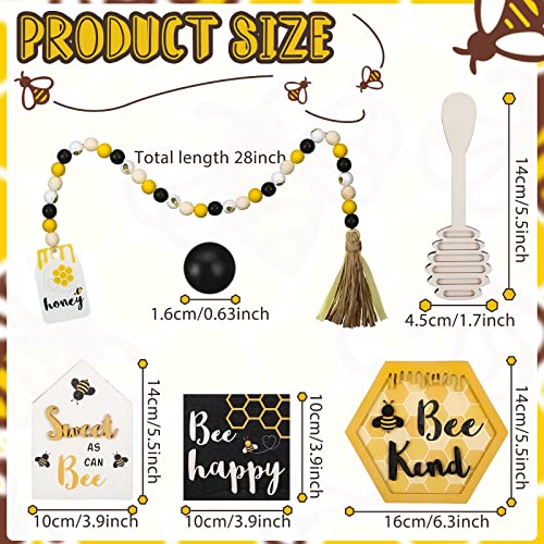 5 Pieces Bee Wooden Tiered Tray Decor Set, Bee Kind Sign Sweet as Can Bee Wood Block Decor Bee Wood Bead Garland 3D Raised Letter Bee Kitchen Decor for Spring Home Farmhouse Rustic Decorations
