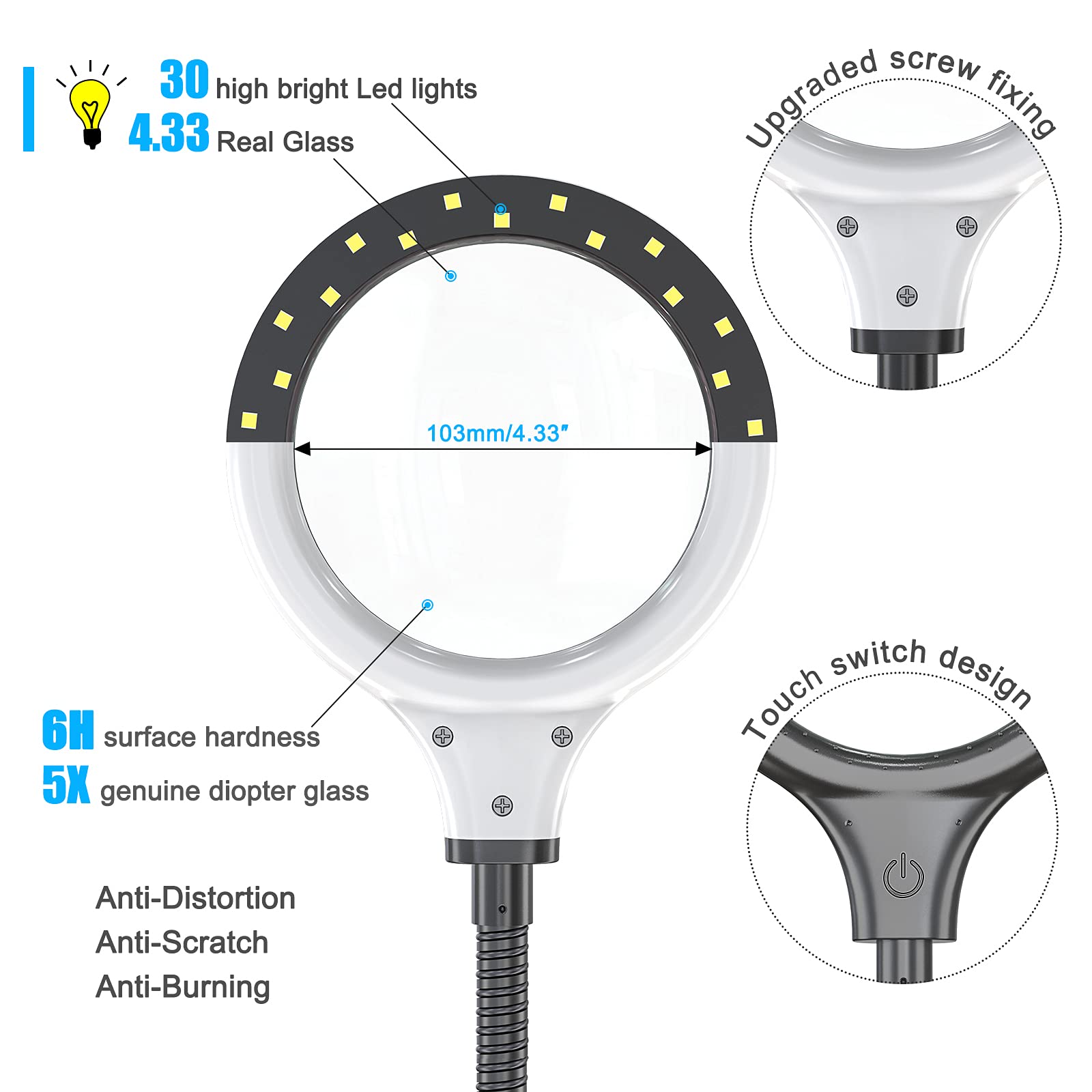 3 in 1 Magnifying Glass with Light and Stand, 5X Lighted Magnifier Lamp with PD USB C Charging Port, Hands-Free Adjustable Magnifying lamp for Reading Close Work Reading Sewing Crafts Painting Nails