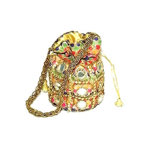 Women's Ethnic Rajasthani Silk Potli Bag Bridal Purse (Gold)