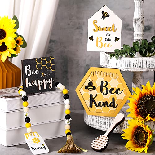 5 Pieces Bee Wooden Tiered Tray Decor Set, Bee Kind Sign Sweet as Can Bee Wood Block Decor Bee Wood Bead Garland 3D Raised Letter Bee Kitchen Decor for Spring Home Farmhouse Rustic Decorations