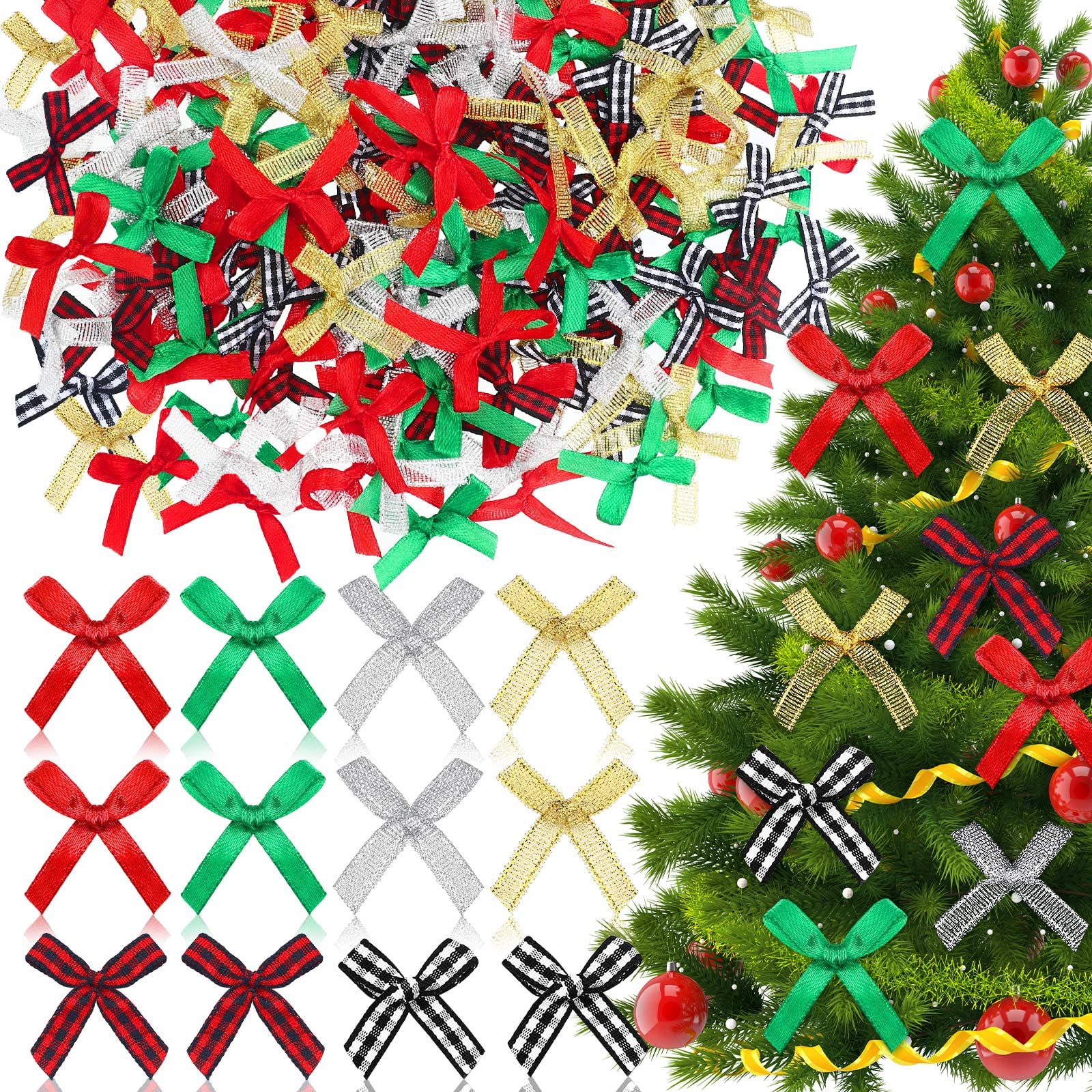 200 Pieces Christmas Tiny Bows Mini Christmas Bows Satin Ribbon Bows Mini Craft Ribbon Wreaths Bows for Sewing DIY Craft Wedding Decoration (Cute Style)