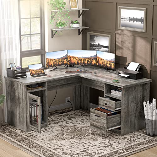 Unikito L Shaped Desk with Drawers, 60 Inch Corner Computer Desks with USB Charging Port and Power Outlet, Large L-Shaped Office Table, 2 Person Home Office Desk with File Cabinet, Black Oak