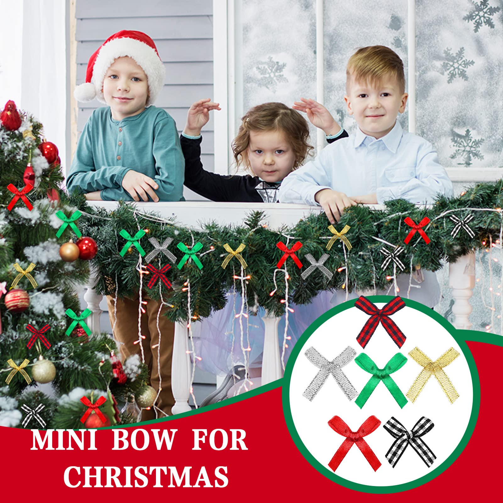 200 Pieces Christmas Tiny Bows Mini Christmas Bows Satin Ribbon Bows Mini Craft Ribbon Wreaths Bows for Sewing DIY Craft Wedding Decoration (Cute Style)