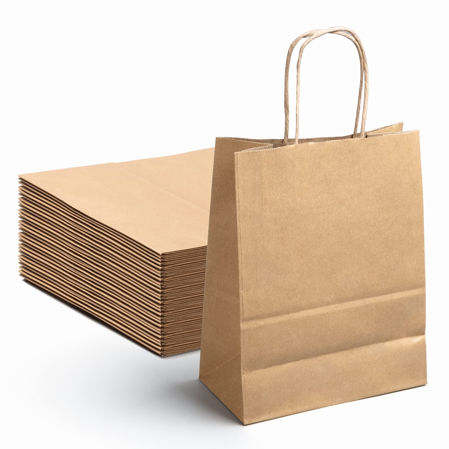 [50 Pack] Giftbags Medium Size 8x4.25x10.5 Gift Bags Brown Paper Bags with Handles, Shopping Bags, Valentine Gift Bags, for Party, Easter, Christmas