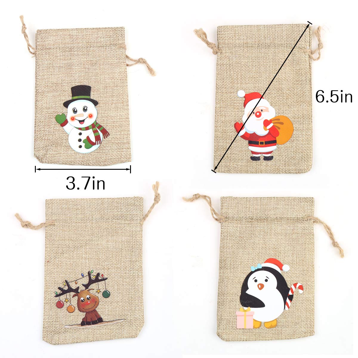 CCINEE 36pc Christmas Linen Bags with Drawstrings Christmas Burlap Goody Gift Bags with Double Jute Drawstrings, 4 designs Snowman, Santa Claus, Penguin and Elk