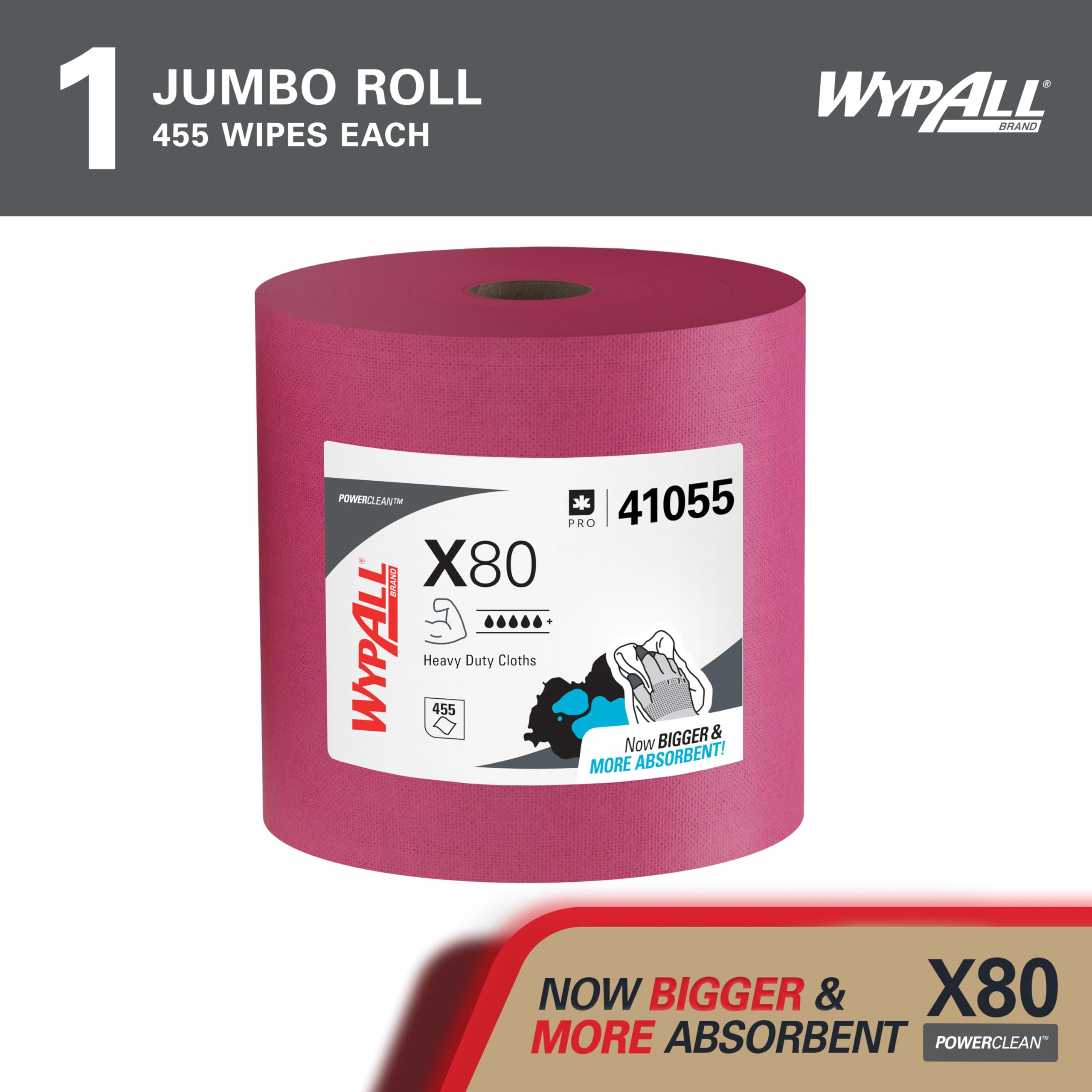WypAll Power Clean X80 Heavy Duty Cloths (41055), Extended Use Cloths Jumbo Roll, Red, 475 Sheets / Roll; 1 Roll / Case