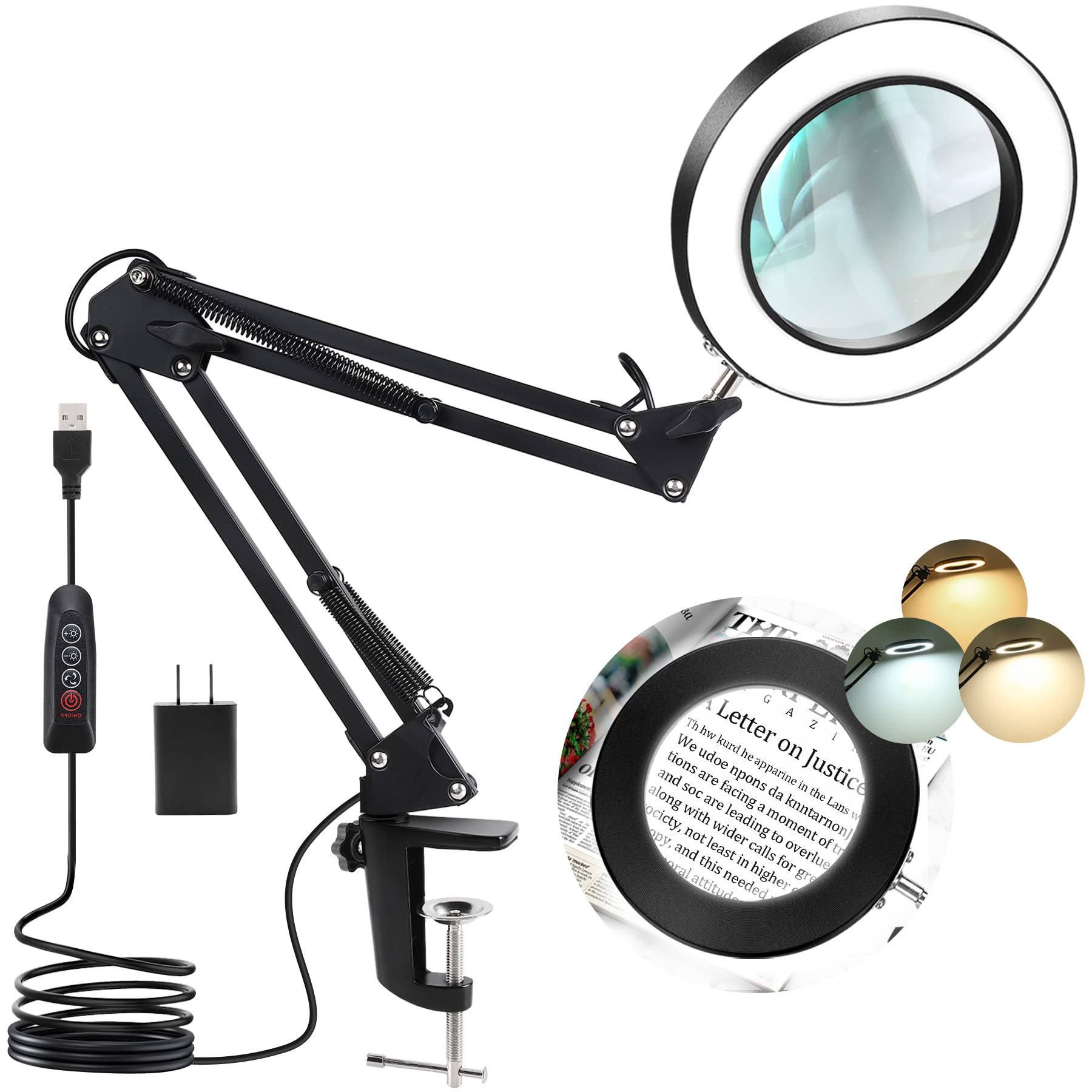 Krstlv 8X Magnifying Glass with Light, Real Glass Lens Desk Lamp & Clamp, 3 Color Modes Stepless Dimmable, Hands Free LED Lighted Magnifier with Light and Stand for Reading Crafts Repair Close Works
