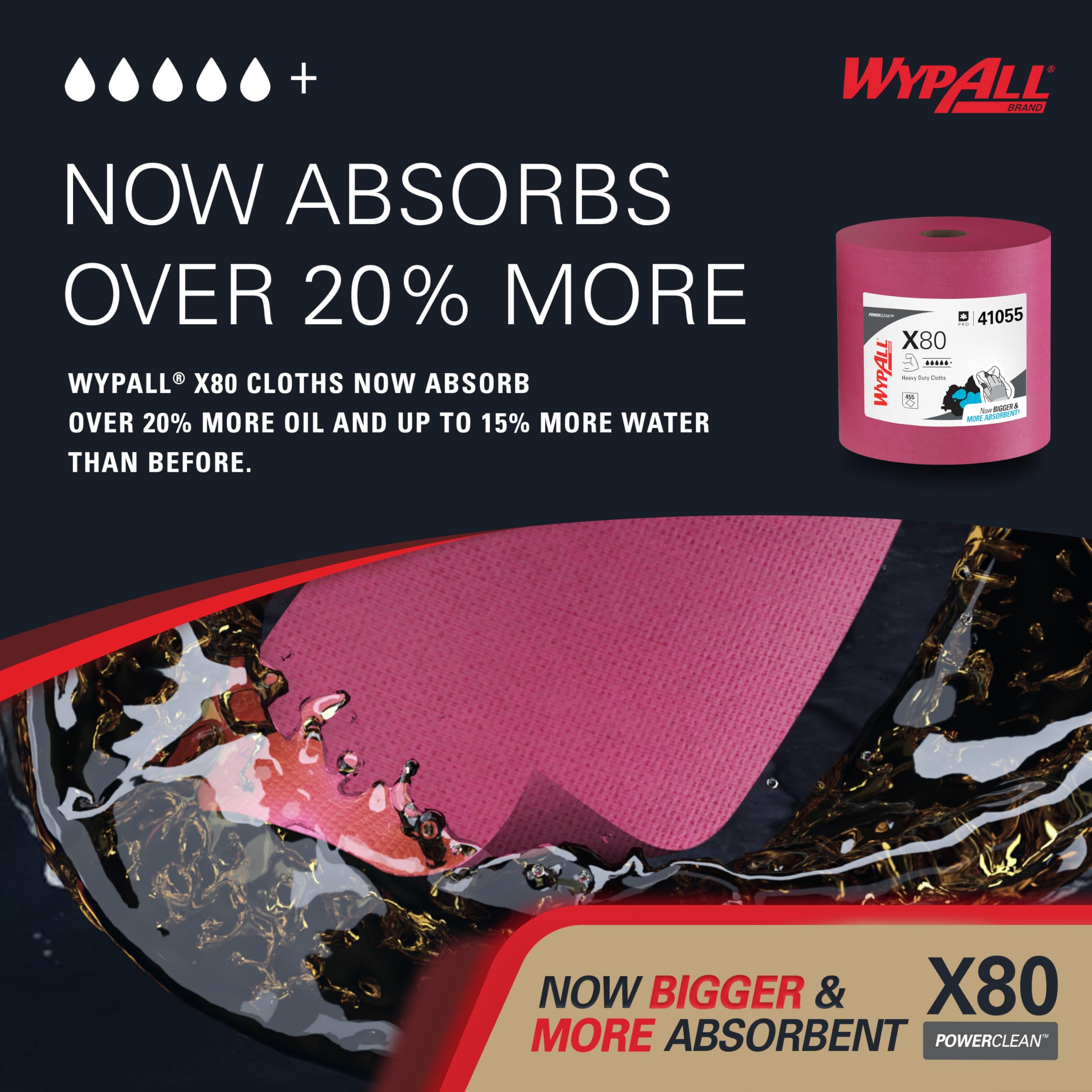 WypAll Power Clean X80 Heavy Duty Cloths (41055), Extended Use Cloths Jumbo Roll, Red, 475 Sheets / Roll; 1 Roll / Case