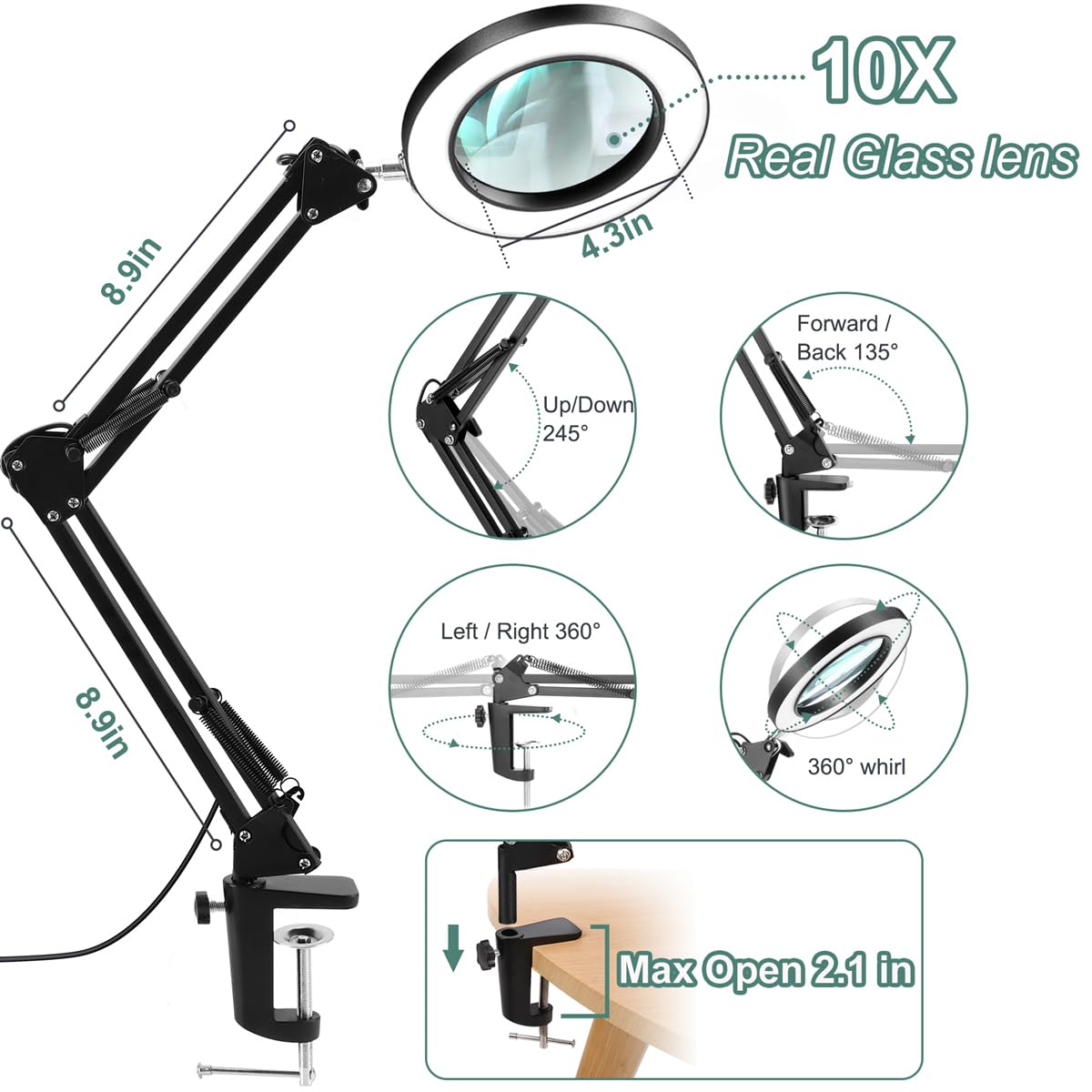 Krstlv 8X Magnifying Glass with Light, Real Glass Lens Desk Lamp & Clamp, 3 Color Modes Stepless Dimmable, Hands Free LED Lighted Magnifier with Light and Stand for Reading Crafts Repair Close Works