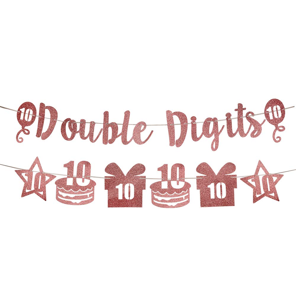 Excelloon Double Digits 10th Birthday Banner Decorations for Girl, Rose Gold Glitter 10 Year Old Happy Birthday Party Supplies, Perfect for Ten Years Birthday Party Decoration Sign