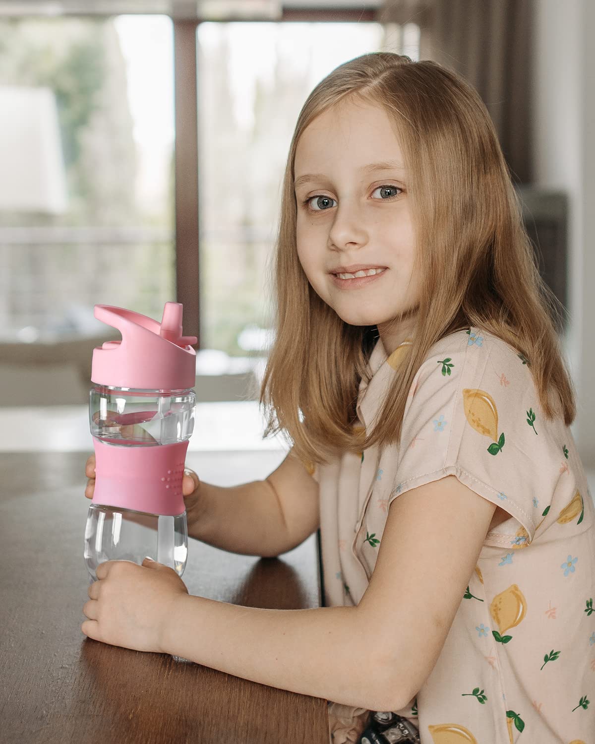 Kids Water Bottle with Straw 12 OZ BPA-Free Tritan Bulk Bottle Pink Little Girls Clear Drinking Bottle for School
