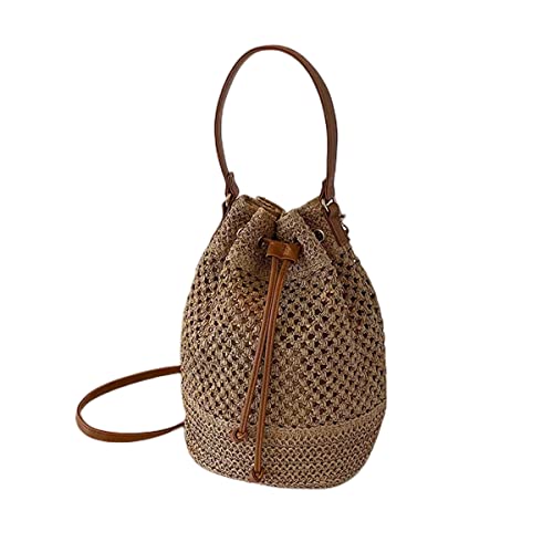 WIGUYUN Women Straw Drawstring Bucket Purse Small Tote Shoulder Handbag Hollow Out Cross-body Bag for Summer,Beach Light Brown
