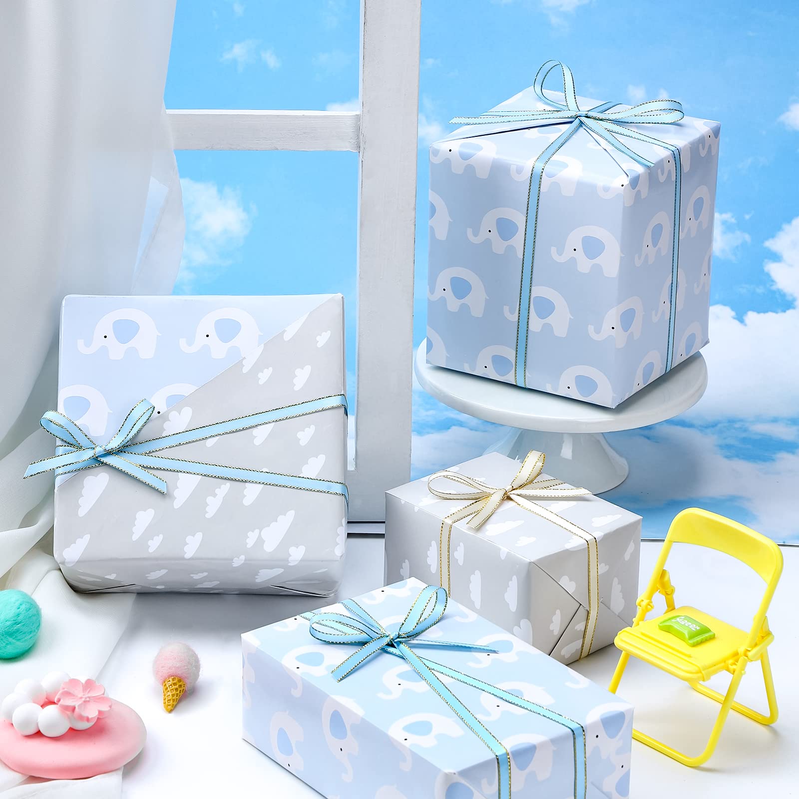 LeZakaa Reversible Baby Shower Wrapping Paper - Jumbo Roll - Elephant in Blue & Cloud in Gray for Baby Boy - 24 inches x 100 Feet (200 sq.ft.)