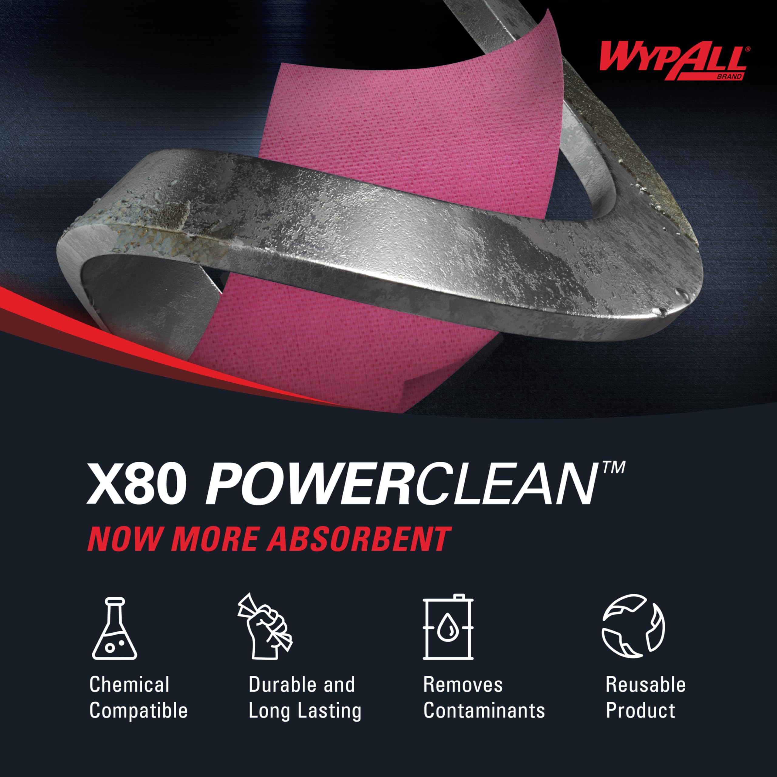 WypAll Power Clean X80 Heavy Duty Cloths (41055), Extended Use Cloths Jumbo Roll, Red, 475 Sheets / Roll; 1 Roll / Case