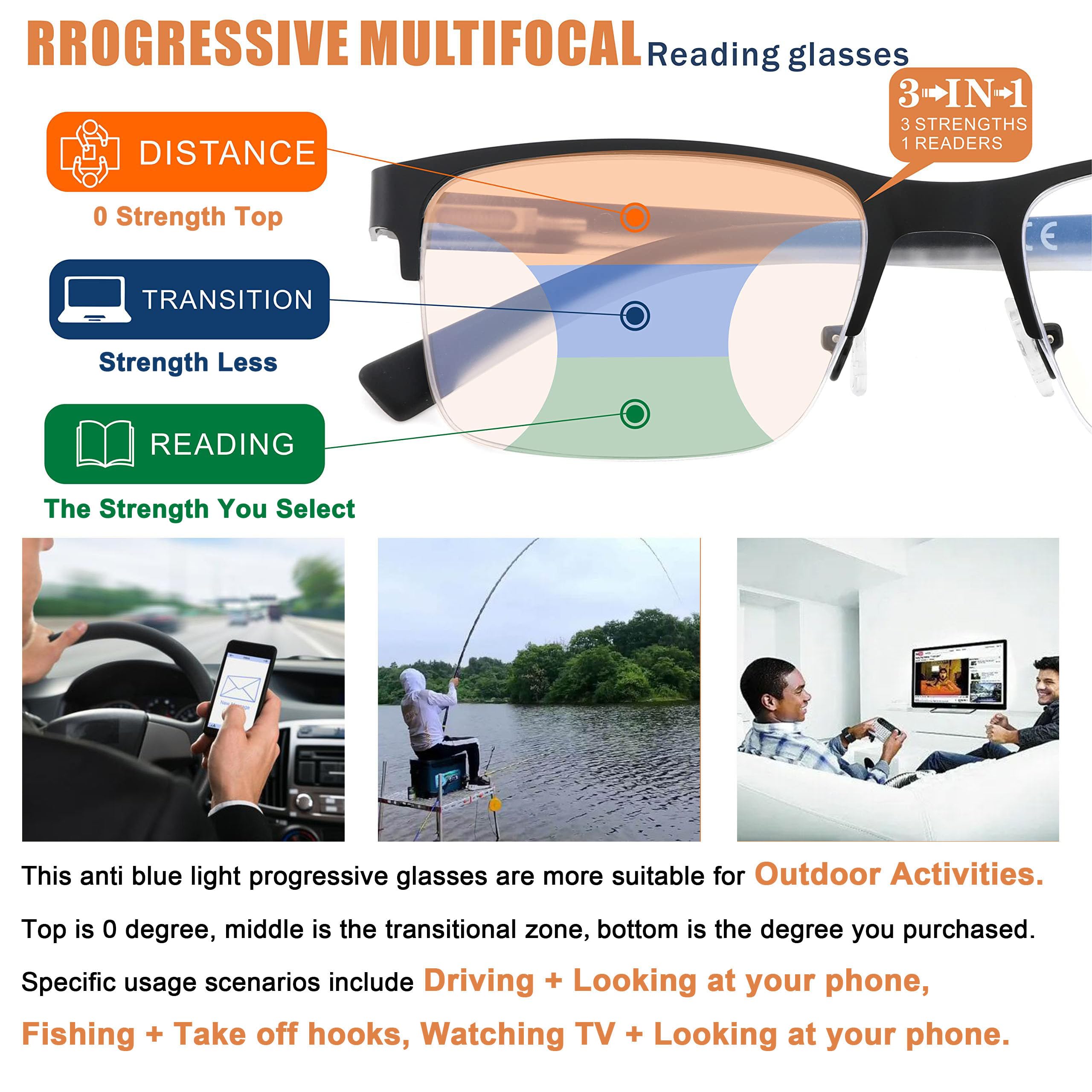 Multifocus Reading Glasses Men Progressive Multifocal Blue Light Computer Reader Half Frame Metal Extra Wide Eyeglasses No Line Bifocals Large Designer Cheaters Transition Square Eyewear 2packs 1.50