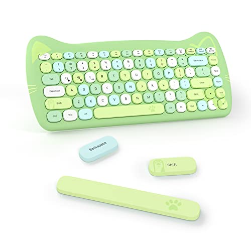 SELORSS Kawaii Wireless Bluetooth Cute Cat Keyboard,Mini Portable 84-Key Retro Round Keycaps,Quiet Click for Typewriter, Home and Office,Compatible with PC/Mac/Notebook/Laptop/Ipad Air(Green Colorful)